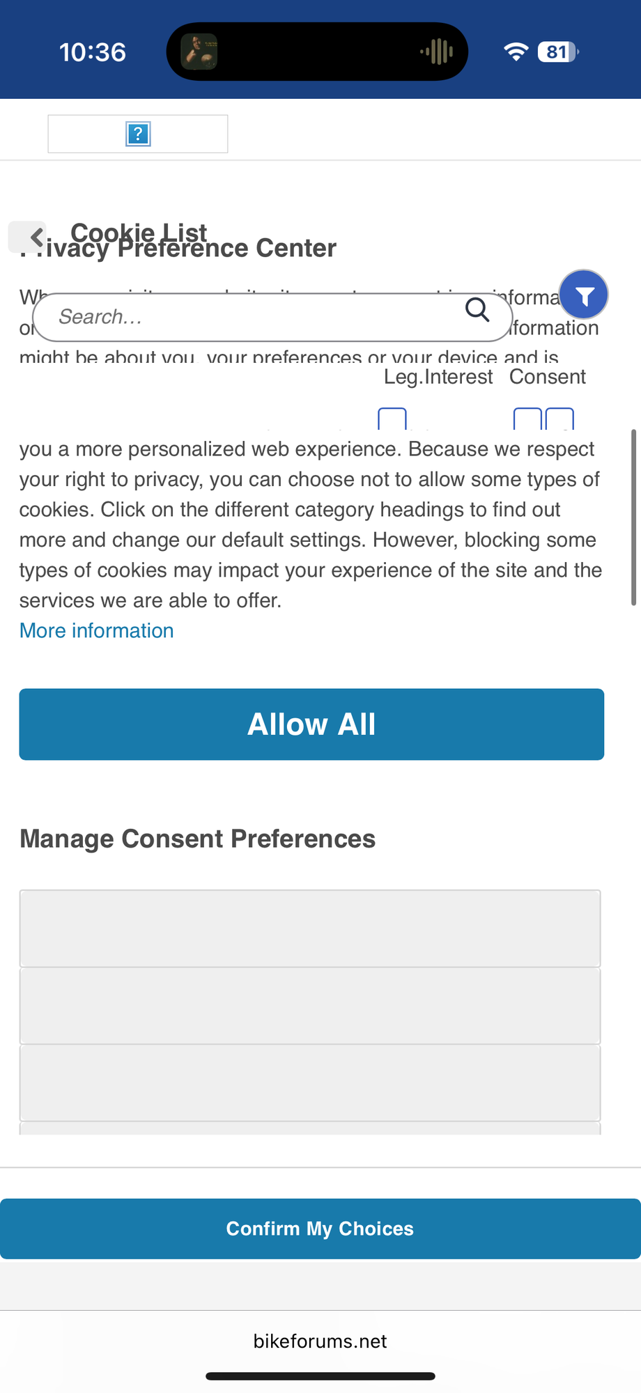 Unable to get past cookie/privacy acknowledgement screen - Bike Forums