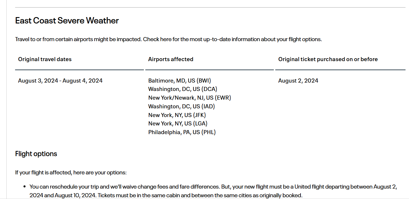 Travel Waiver: East Coast Severe Weather 3-5 August 2024; NY+PHL 6 Aug ...