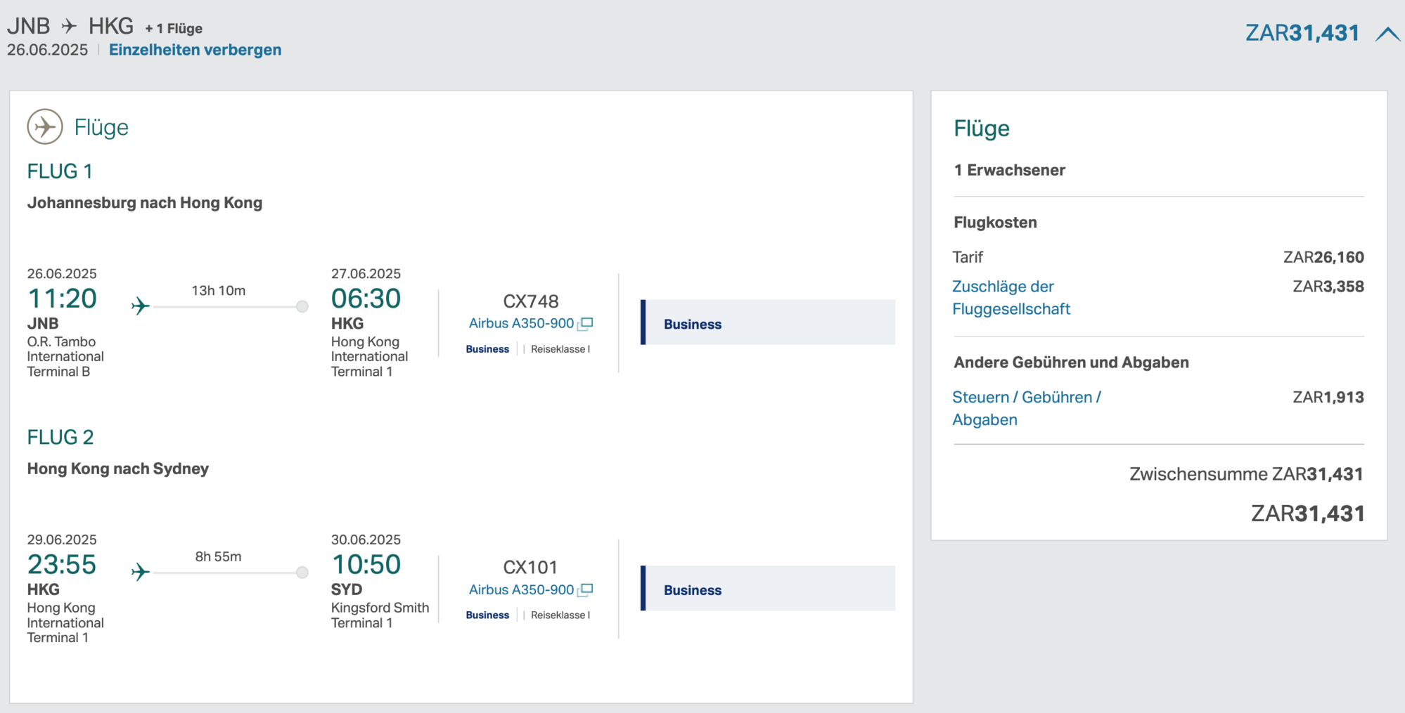 CX: JNB-HKG/HKG-SYD business oneway 1587€ - FlyerTalk Forums