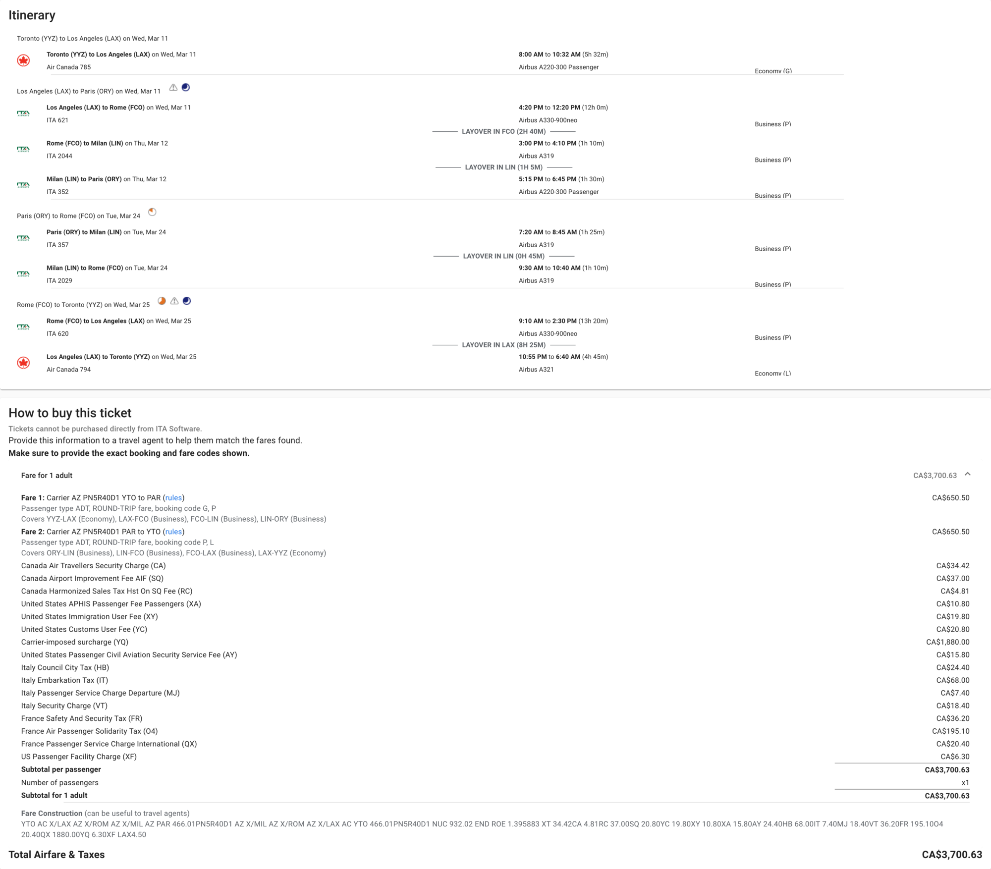 AZ/AC YYZ-LAX(Y)-FCO-LIN-ORY Business CAD 3700 ($2624) - FlyerTalk Forums