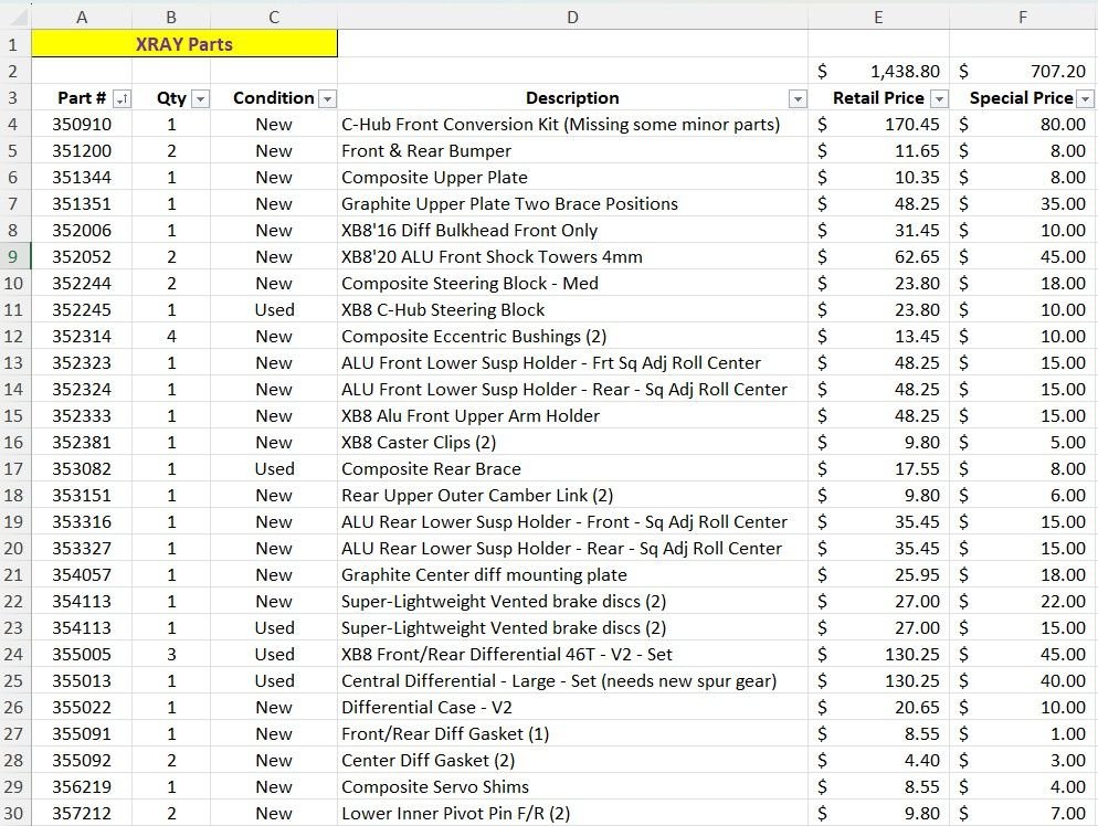 LARGE! XRAY XB8 XB8e XT8 XT8e Parts List 50+ Items - R/C Tech Forums